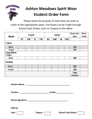 Fillable Online Ashton Meadows Spirit Wear Student Order Form Fax Email Print - pdfFiller