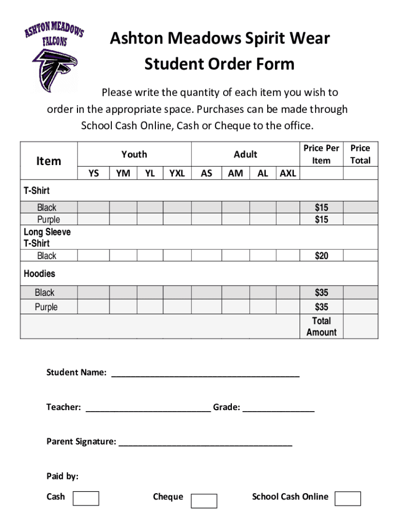 Fillable Online Ashton Meadows Spirit Wear Student Order Form Fax Email ...