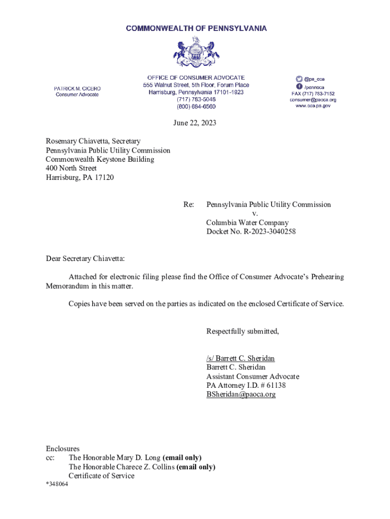 Fillable Online OCA Filing Letter -- Prehearing Memorandum (00348064 ...