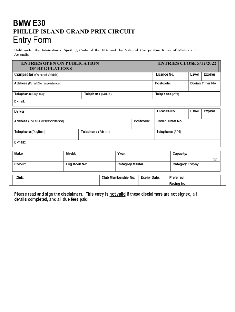 Fillable Online BMW E30Entry Form75.doc Fax Email Print - pdfFiller