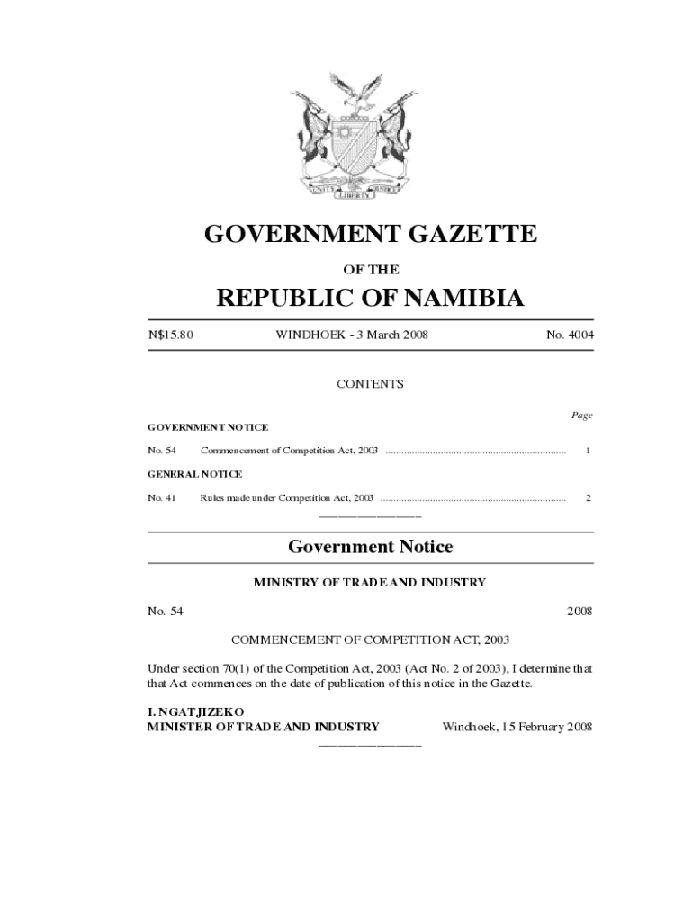 Fillable Online OF THE REPUBLIC OF NAMIBIA - Competition Commission Fax ...