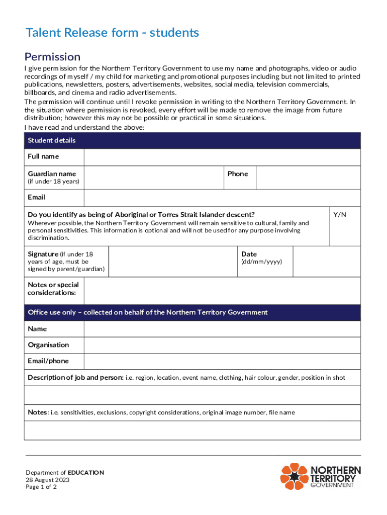 Fillable Online education nt gov Talent Release form - students - Department of Education (NT ...