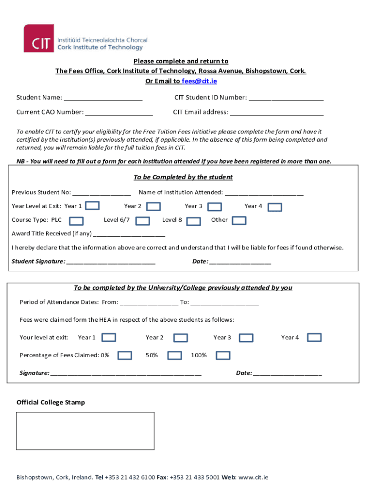 Fillable Online Please complete and return to The Fees Office, Cork ...