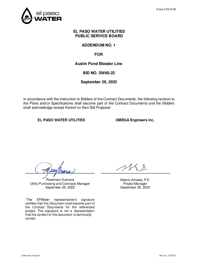 Fillable Online Addendum No. 1. Fred Hervey Water Reclamation Plant ...