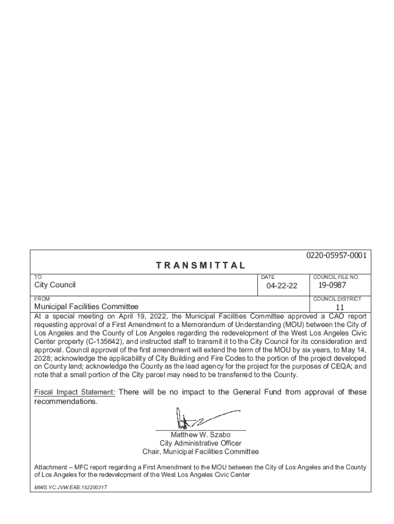 Fillable Online 20220422 CAO MUNICIPAL FACILITIES COMMITTEE - AMEND MOU ...