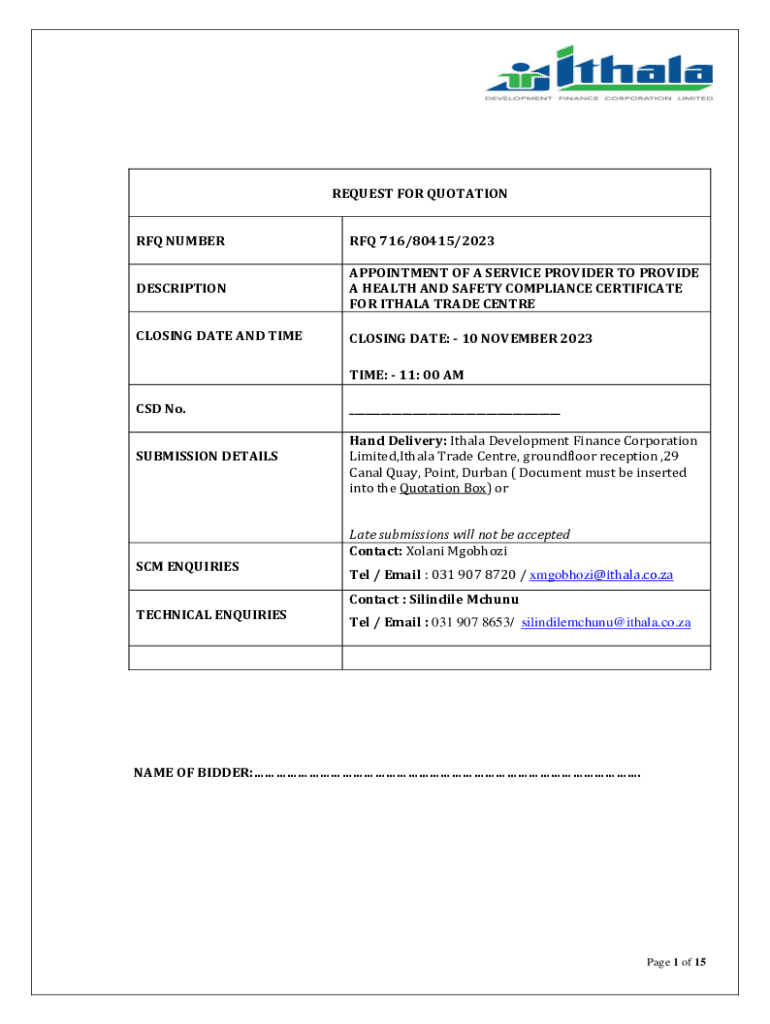 Fillable Online RFQ 716/80415/2023 Health and safety compliance ...