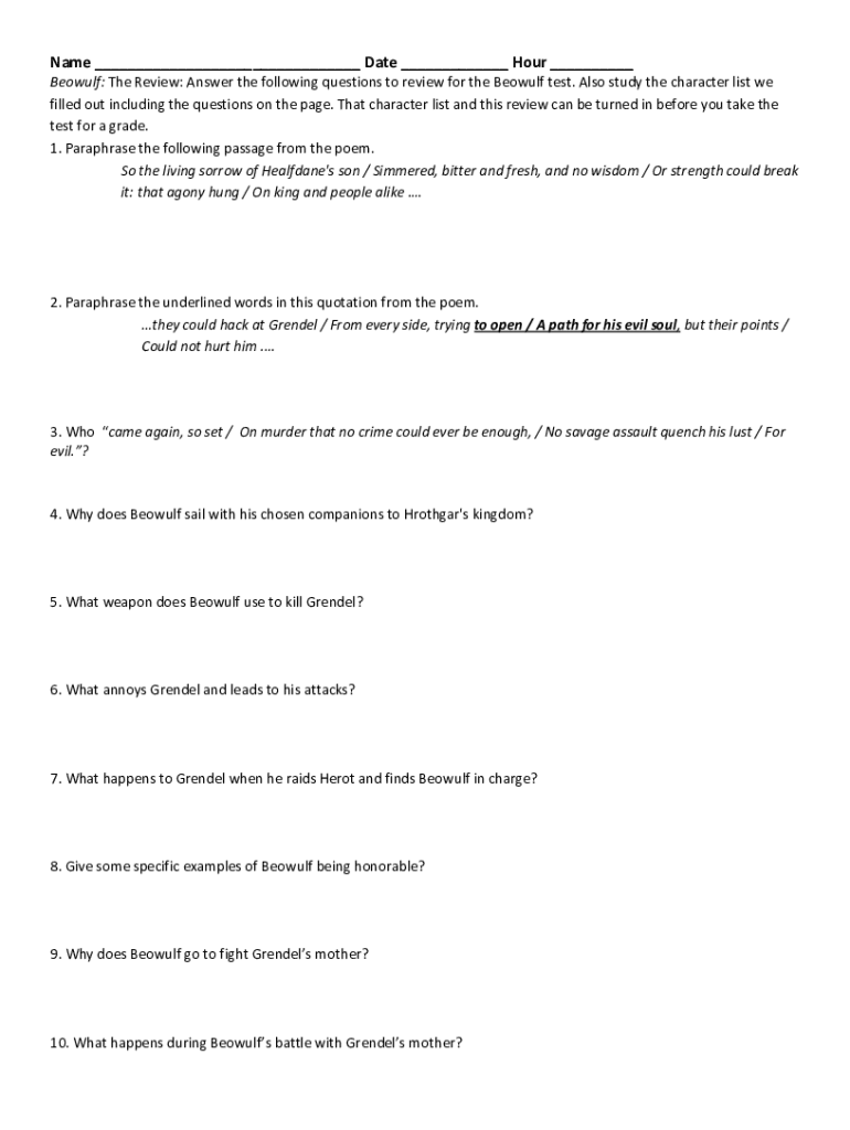 Fillable Online Quiz & Worksheet - The Hrunting Sword in Beowulf Fax ...