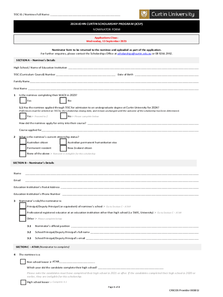 Fillable Online 2024 JOHN CURTIN SCHOLARSHIP PROGRAM (JCSP ... Fax ...