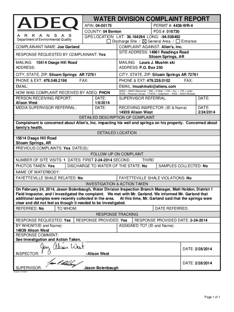 Fillable Online Form CenterWater-Quality Complaint Investigation ...