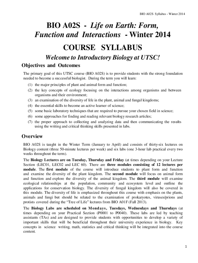 Fillable Online BIO A02S - Life on Earth: Form, Function and Interactions Fax Email Print ...