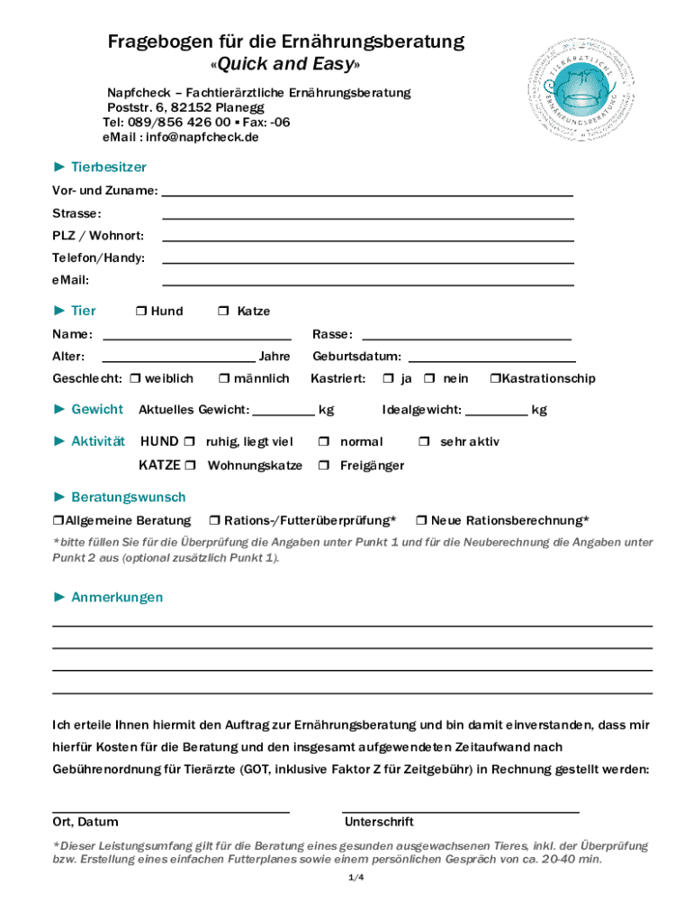 Ausfüllbar Online Fragebogen fr die Ernhrungsberatung Quick and Easy Fax Email Drucken - pdfFiller