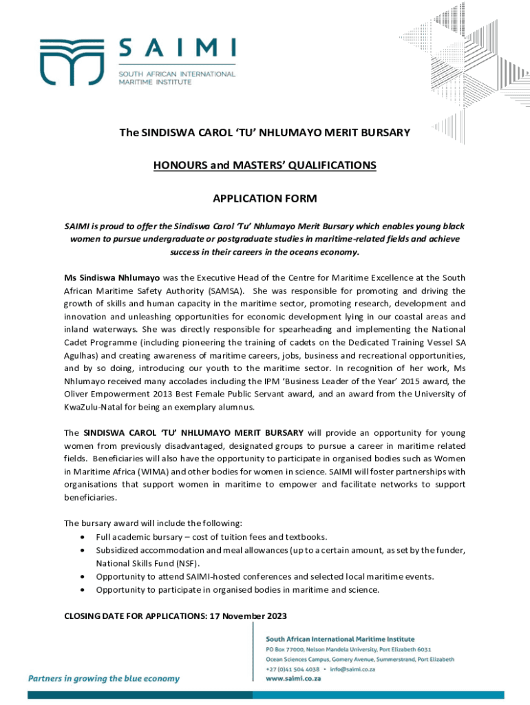 Fillable Online Sindiswa Nhlumayo Merit Bursary SAIMI is proud to ...