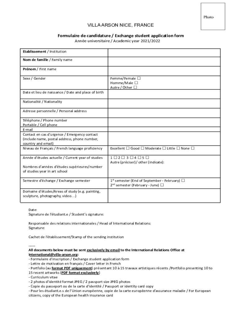 Remplissable En Ligne Villa Arson - Exchange student application form ...