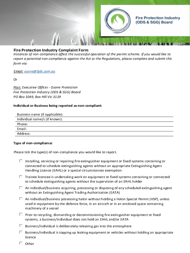 Fillable Online Fire Protection Industry Complaint Form Fax Email Print - pdfFiller