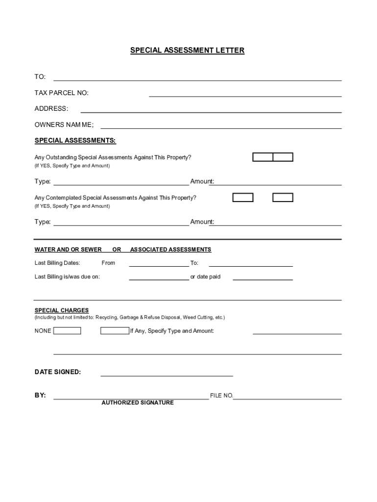 Fillable Online SPECIAL ASSESSMENTS letter master form.xls Fax Email ...