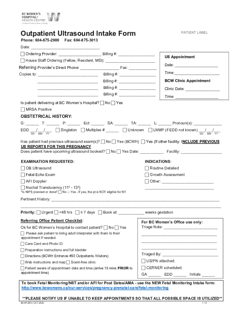 Fillable Online Outpatient Ultrasound Intake Form Fax Email Print ...