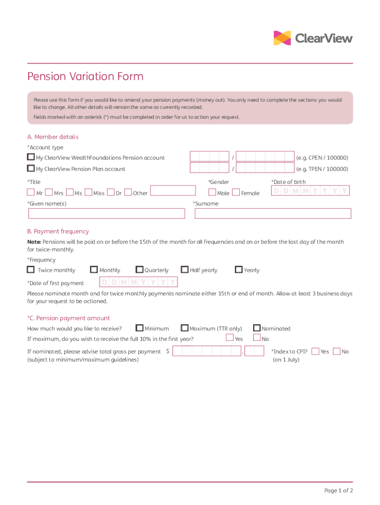 Fillable Online Pension Variation Form - ClearView Fax Email Print ...