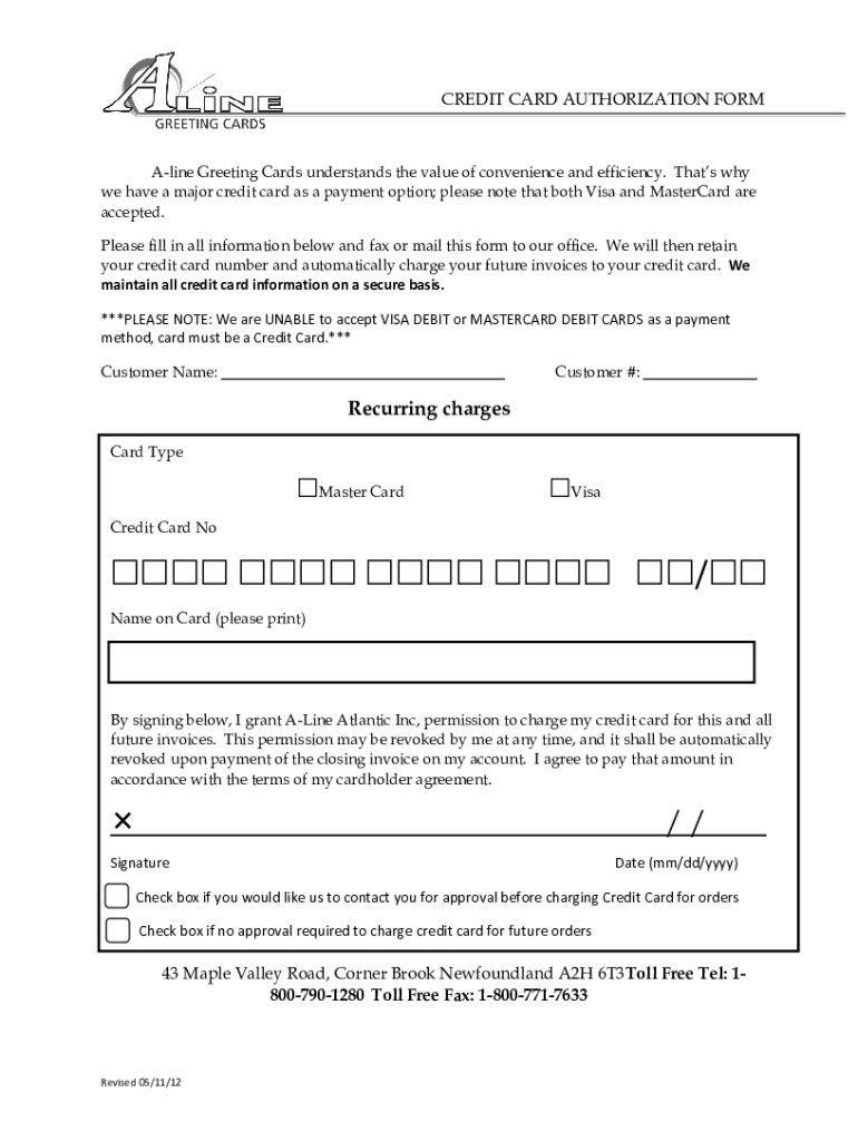 Fillable Online Credit Card Authorization Form - Recurring Charges Fax ...