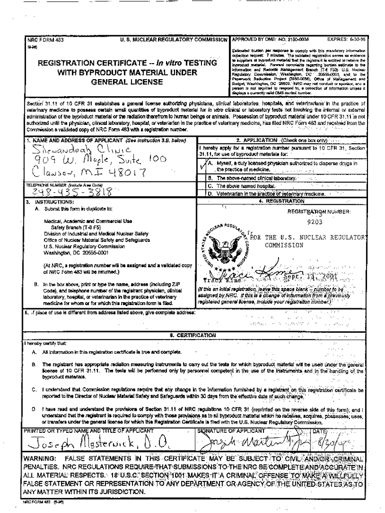 Fillable Online NRC Form 483 - Registration Certificate -- in vitro ...