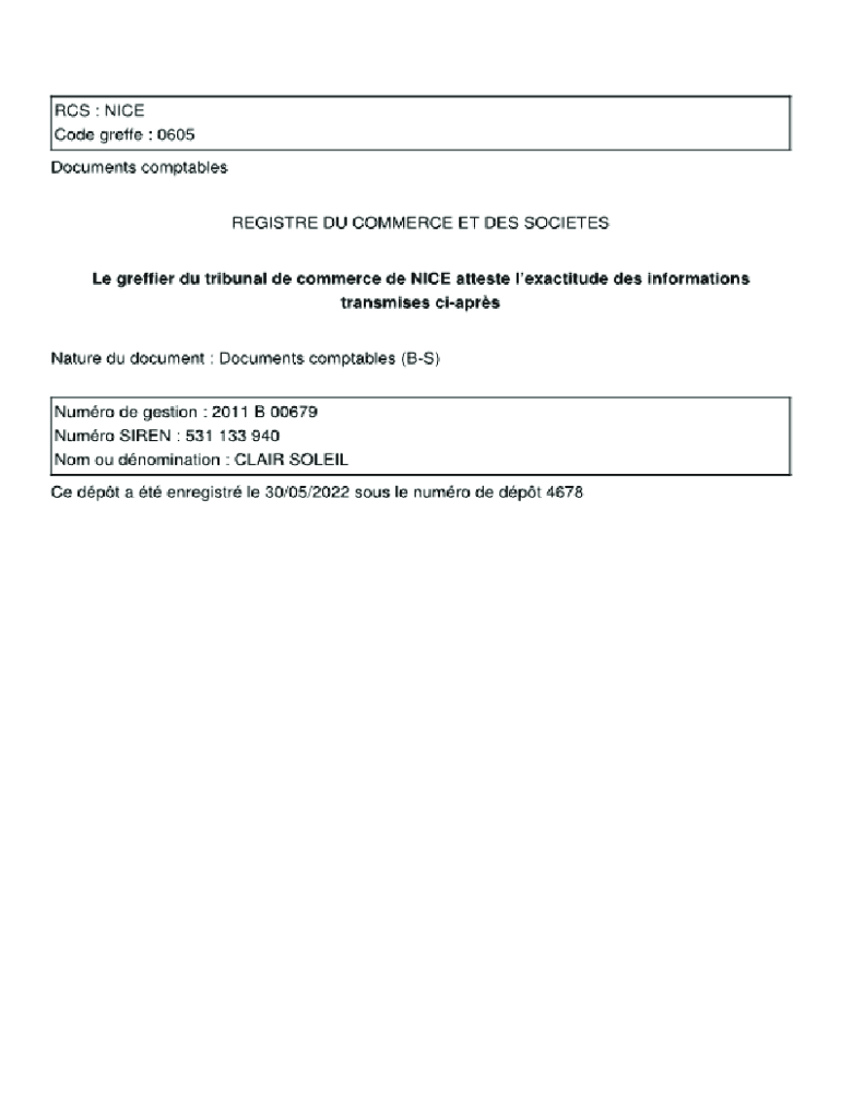 Remplissable En Ligne Socit CLAIR SOLEIL : Chiffre d'affaires, statuts, extrait d' ... Fax Email ...
