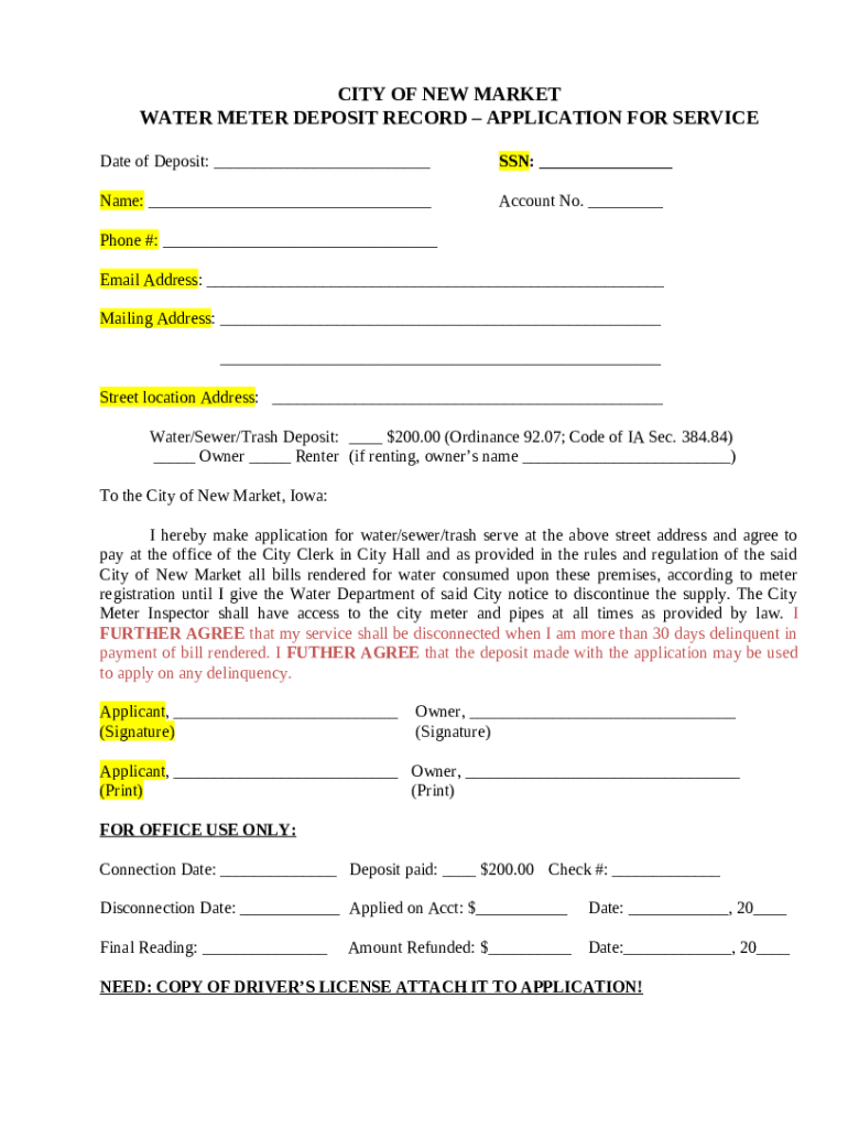 WATER METER DEPOSIT RECORD - APPLICATION FOR SERVICE Doc Template ...