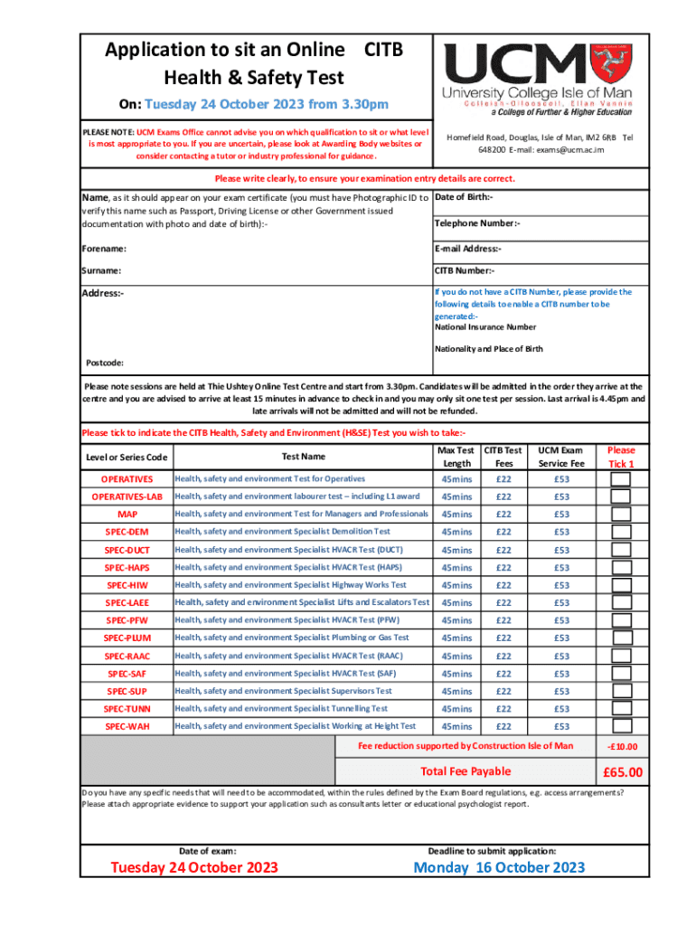 Fillable Online Book Your CITB Health & Safety Test - Construction ...