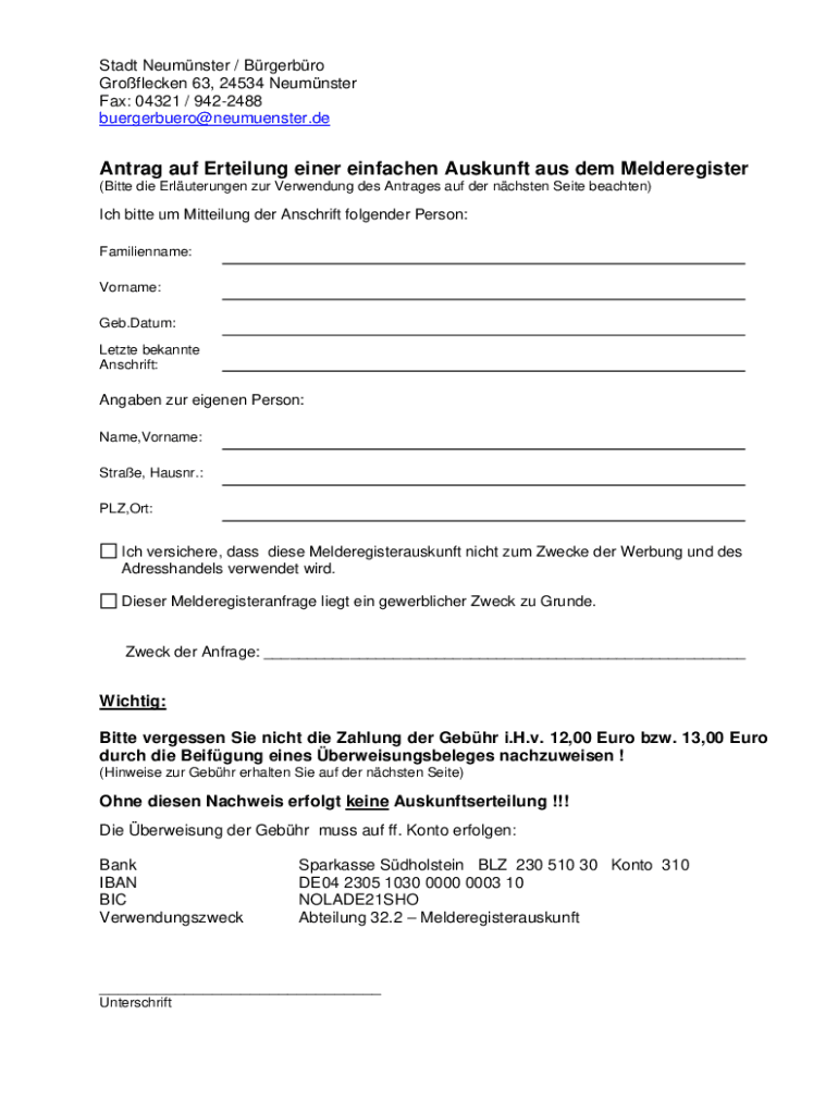 Ausfüllbar Online Antrag auf Erteilung einer einfachen Auskunft aus dem ... Fax Email Drucken ...