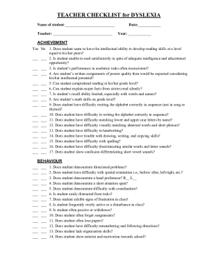Fillable Online TEACHER CHECKLIST on Dyslexia.doc Fax Email Print ...
