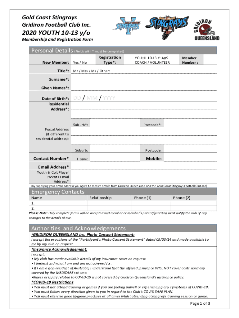 Fillable Online Support Gold Coast Stingrays Gridiron Football Club Fax ...