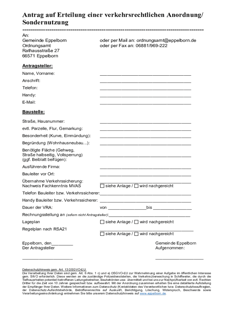 Ausfüllbar Online Antrag auf Erteilung einer verkehrsrechtlichen Anordnung/ Fax Email Drucken ...