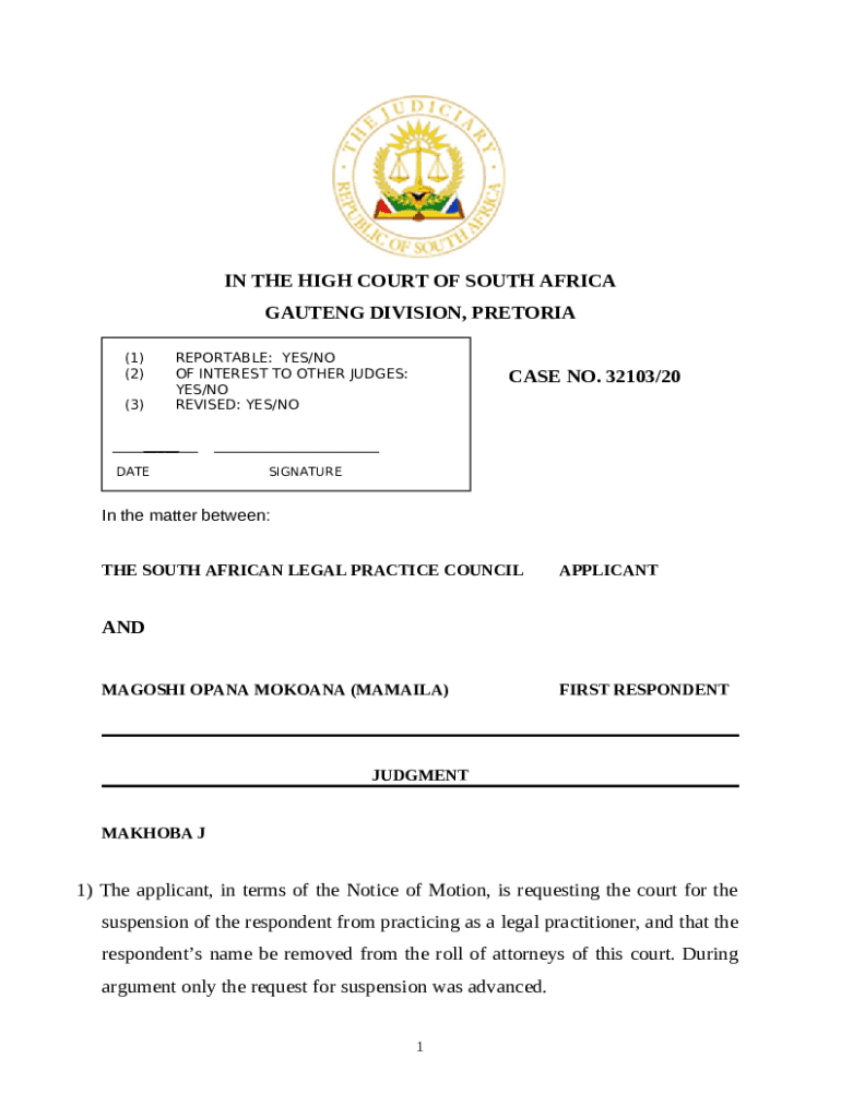 Fillable Online in the high court of south africa gauteng division ...
