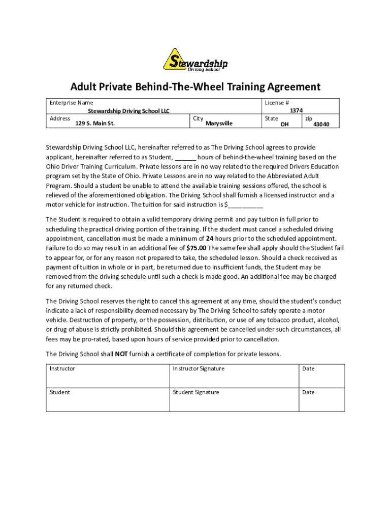 Fillable Online Adult Private Behind-The-Wheel Training Agreement ...