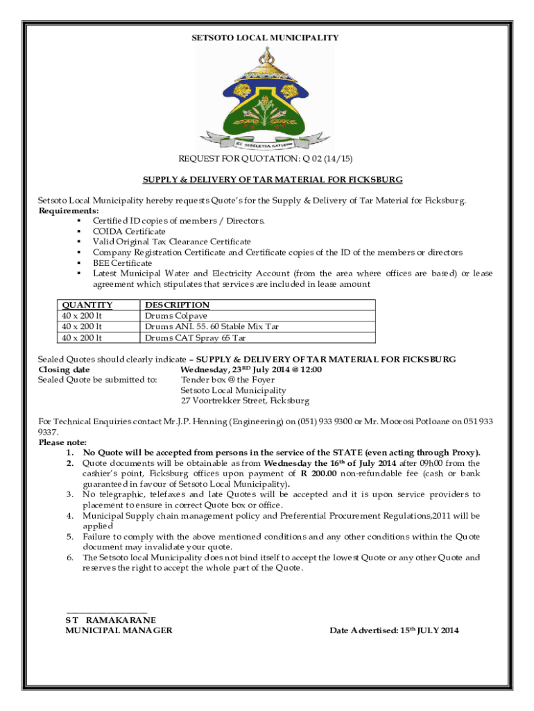 Fillable Online Q 02 (14/15) SUPPLY & DELIVERY OF TAR MATERIAL FOR ...