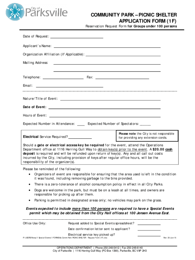 Fillable Online community parkpicnic shelter application form (1f) Fax Email Print - pdfFiller