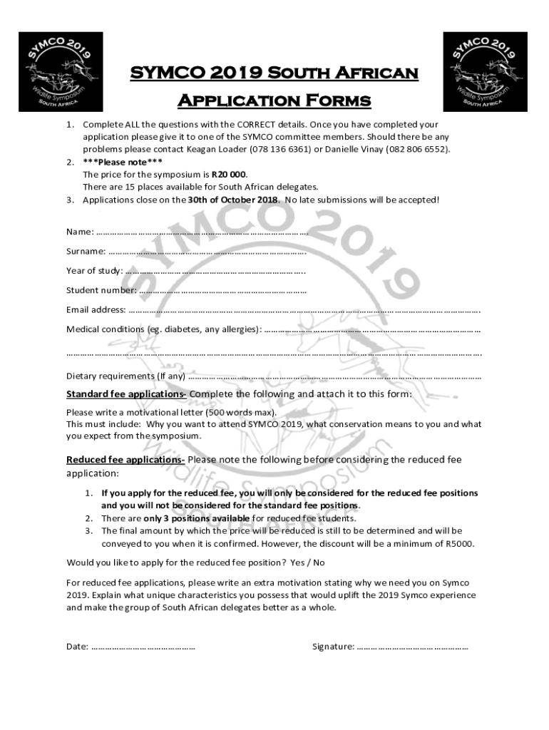 Fillable Online SYMCO 2019 South African Application Forms Fax Email ...