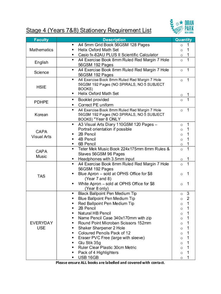 Fillable Online Stage 4 (Years 7&8) Stationery Requirement List Fax ...
