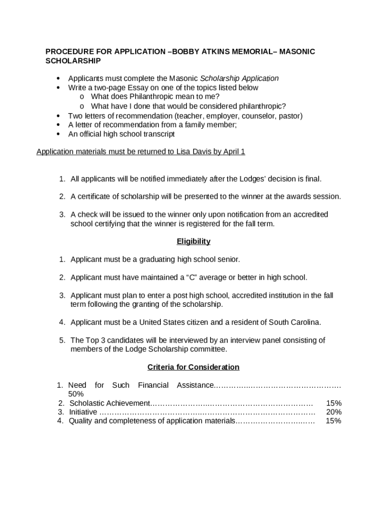 Bobby Atkins Memorial Masonic Scholarship Application Doc Template | pdfFiller