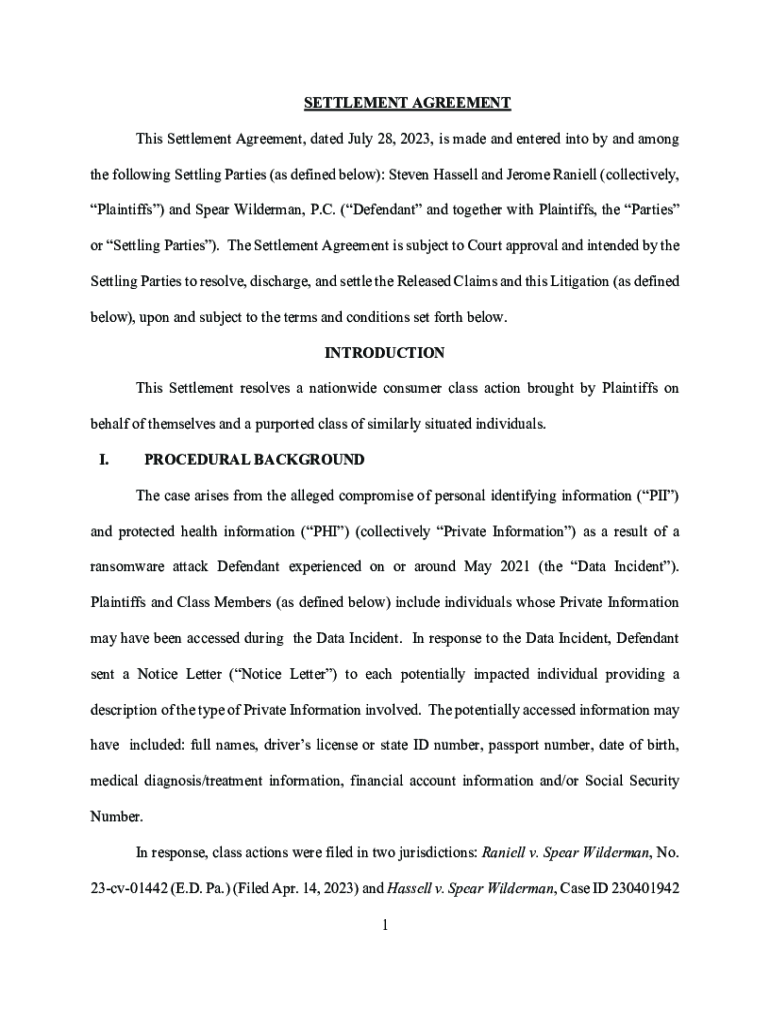 Fillable Online raniell-v-spear-wilderman-pc-settlement-agreement Fax ...