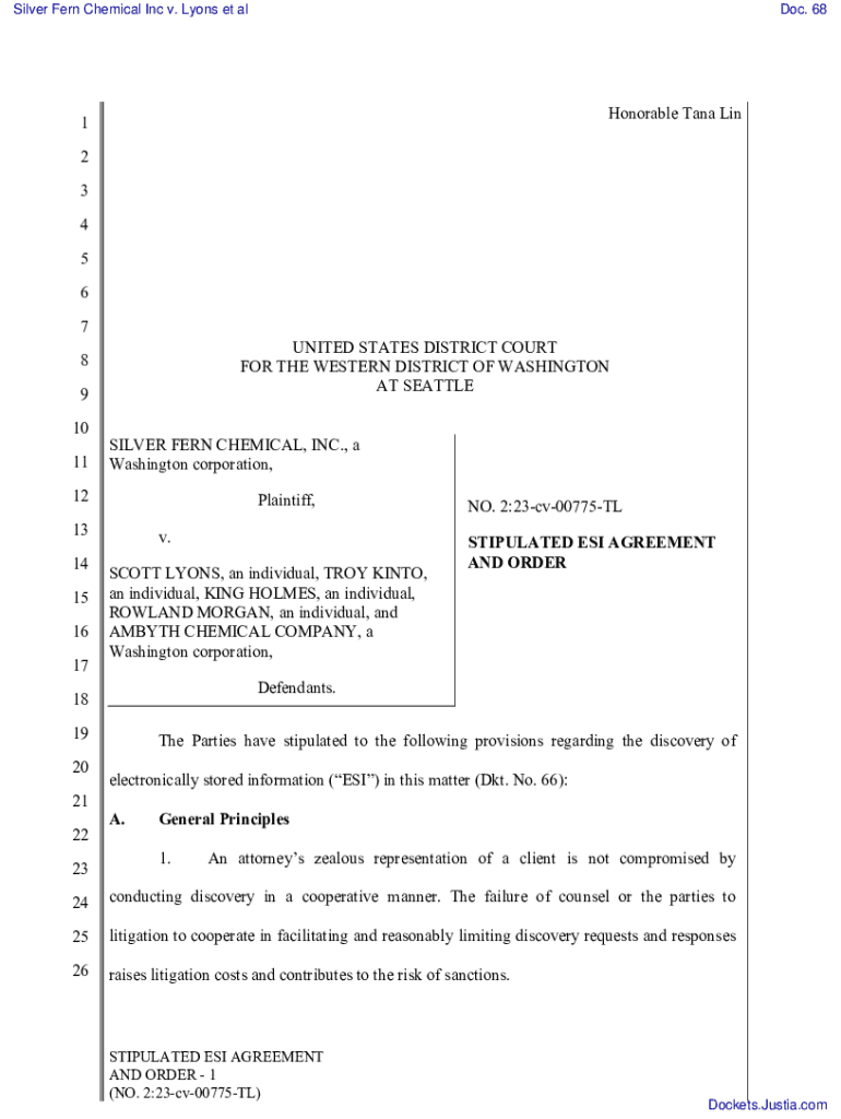 Fillable Online STIPULATED ESI AGREEMENT AND ORDER re Parties' 66 Stipulated MOTION ESI ...