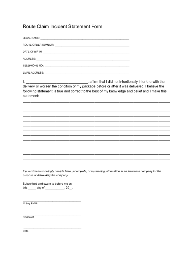 Fillable Online Route Claim Incident Statement Form Fax Email Print ...