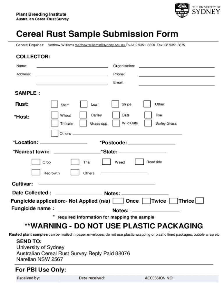 Fillable Online sydney edu Cereal Rust Samples Dispatch Form Fax Email Print - pdfFiller