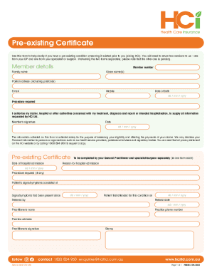 Fillable Online Pre-existing Certificate - HCi Fax Email Print - pdfFiller
