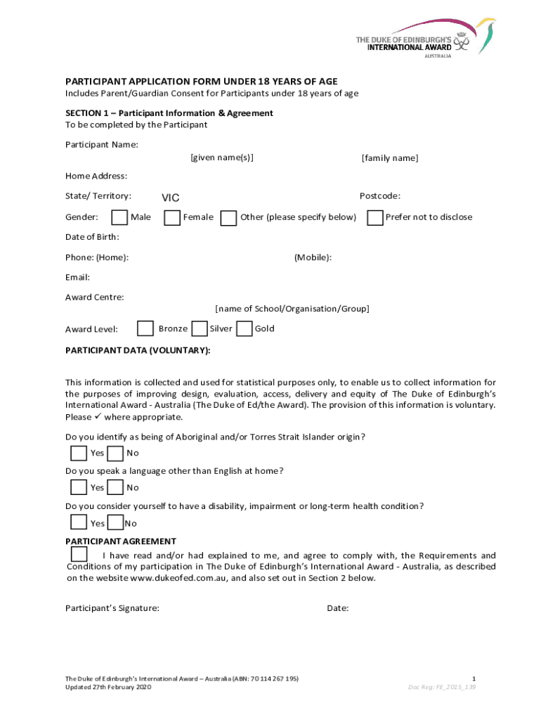 Fillable Online participant application form under 18 years of age Fax ...