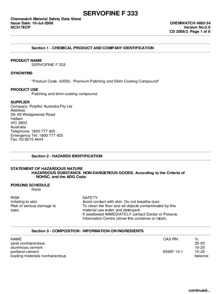 Fillable Online SERVOFINE F 333 Chemwatch GHS Safety Data Sheet ... Fax ...