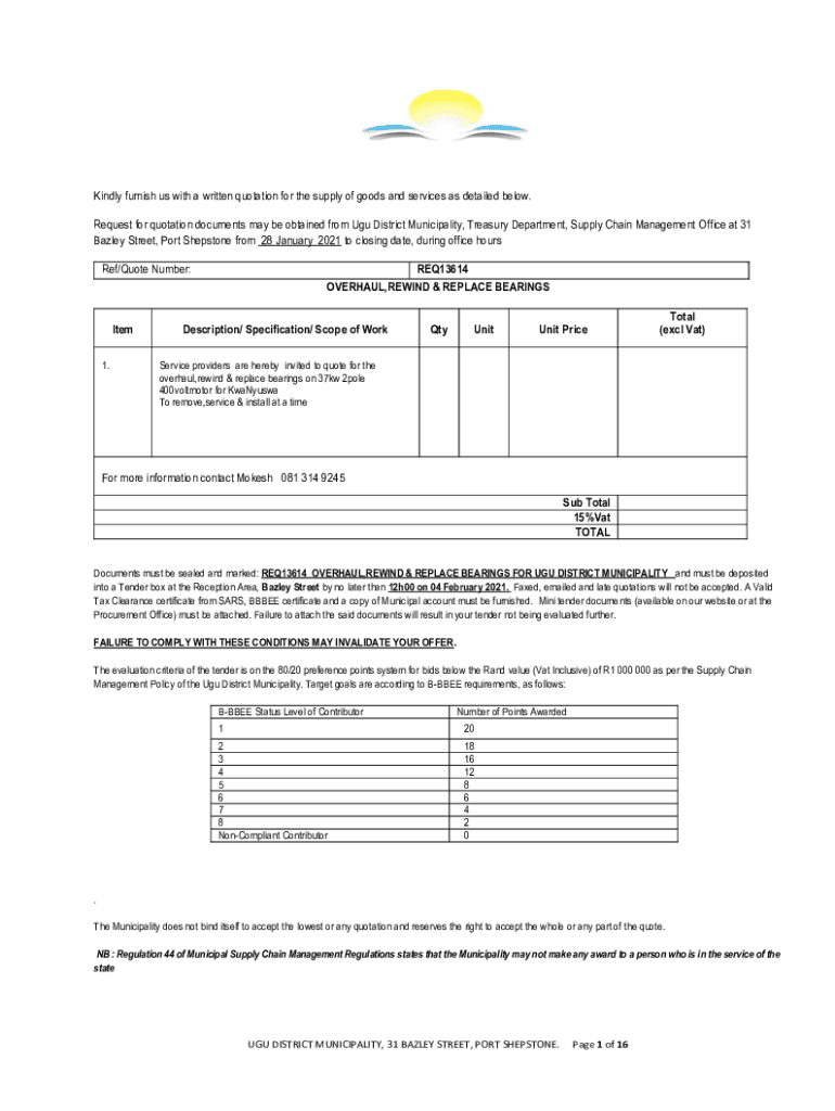 Fillable Online ugu gov REQUEST FOR QUOTATION FOR GOODS/SERVICES ... Fax Email Print - pdfFiller
