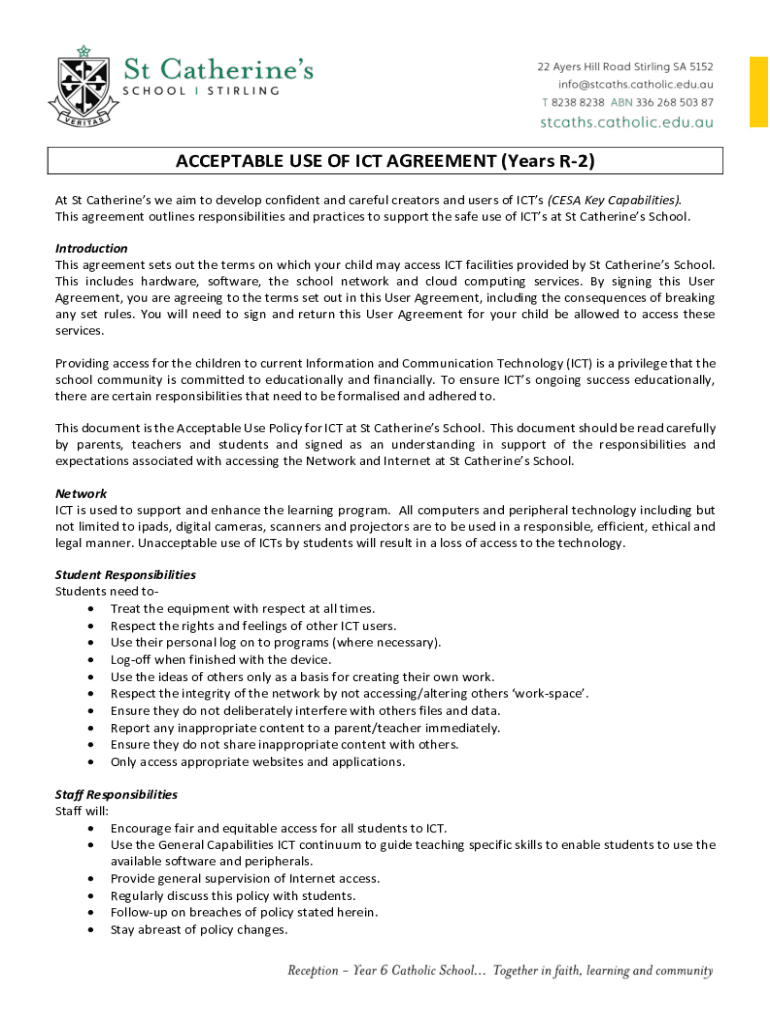 Fillable Online ACCEPTABLE USE OF ICT AGREEMENT (Years R-2) Fax Email ...