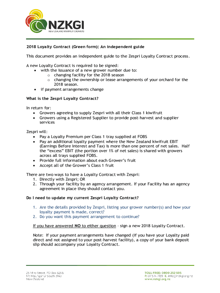 Fillable Online 2018 Loyalty Contract (Green form): An independent ...