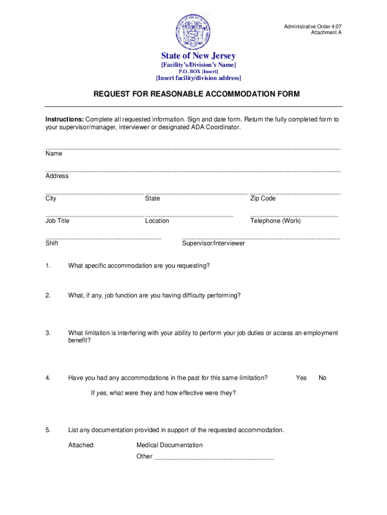Fillable Online Attachment A: Request for Reasonable Accommodation Form ...