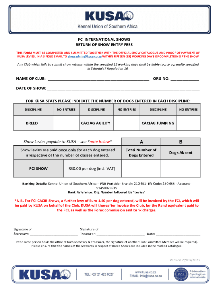 Fillable Online Show Return Form - Championship, Qualifying & FCI Show ...