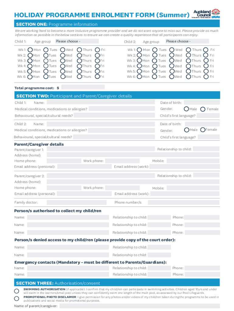 Fillable Online East Coast Bays Leisure Centre Summer Holiday programme enrolment form Fax Email ...